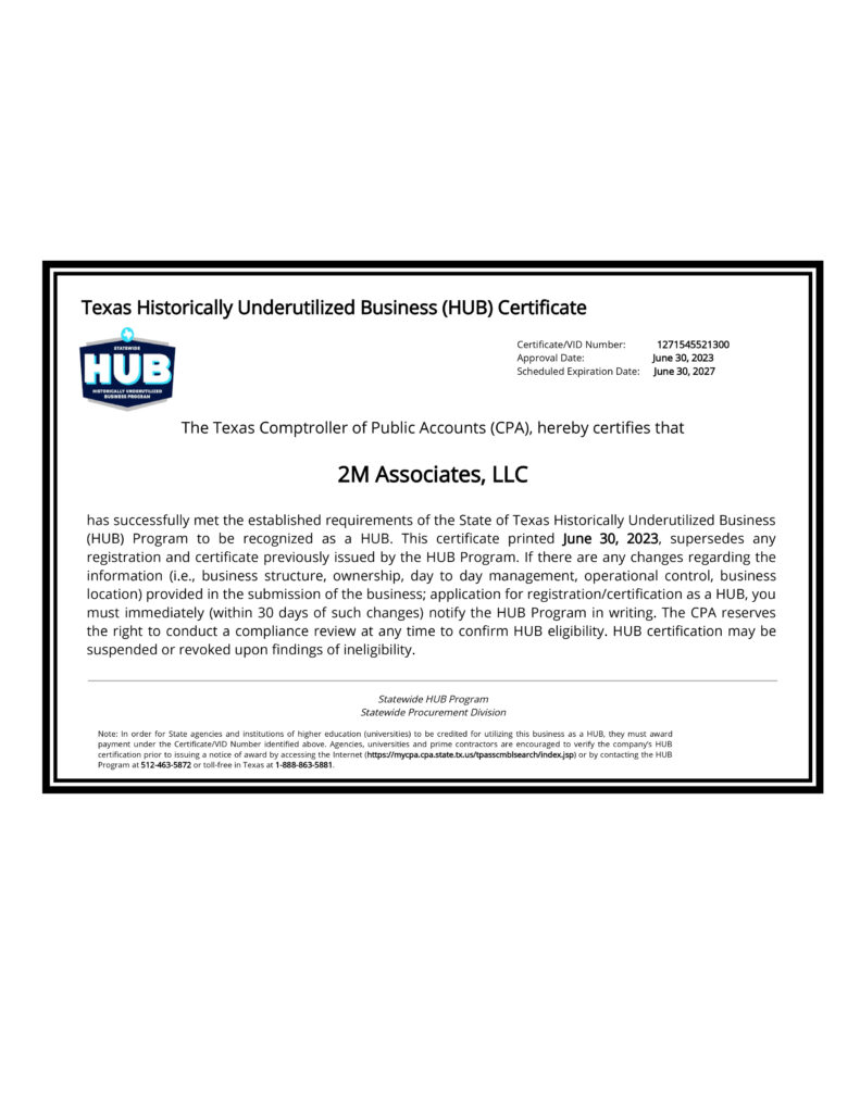 Certification – 2M Associates