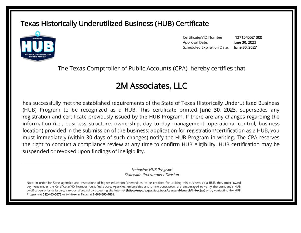 Certification – 2M Associates